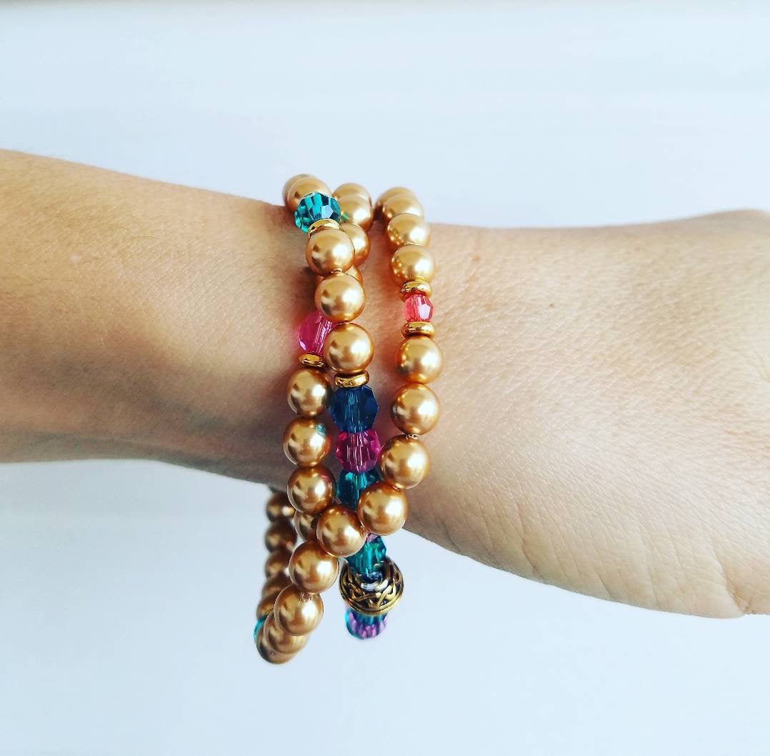 Swarovski Gold Beads And Crystals Multi Layer Stretch Bracelet. on Luulla